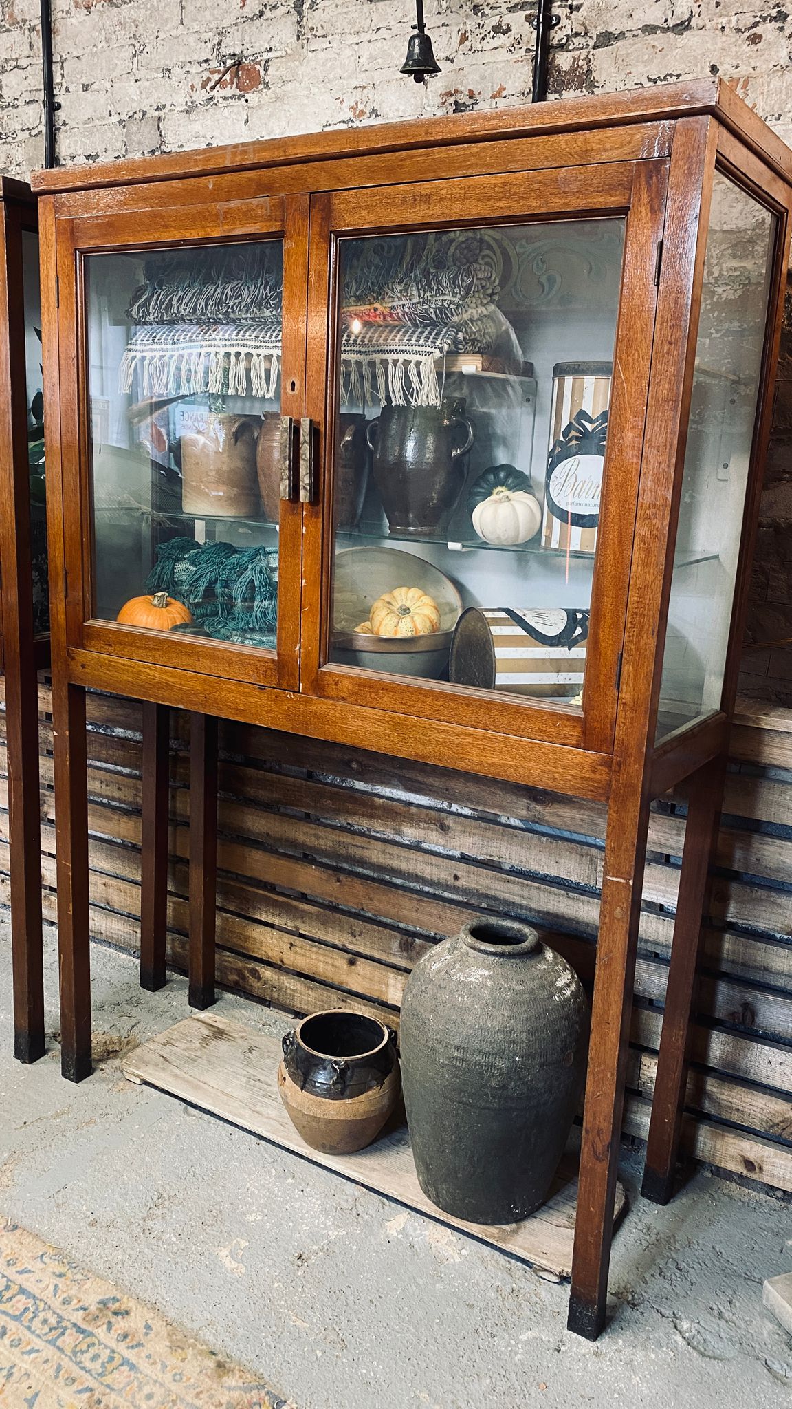 Antique Glass Fronted Wooden Museum Display Cabinet